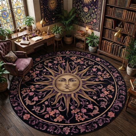 Purple Celestial Sun Rug Whimsigoth Round Mat Witchy Home Decor