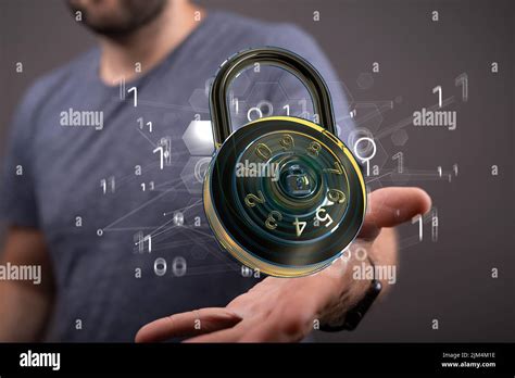 A Persons Finger Touching A 3d Rendered Security Concept With Floating