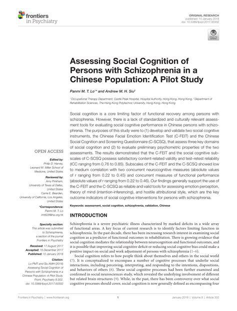 Pdf Assessing Social Cognition Of Persons With Schizophrenia In A Chinese Population A Pilot