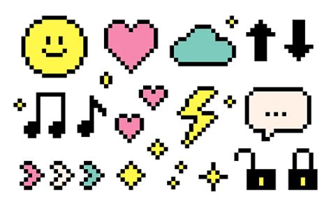 픽셀 아이콘 집합입니다 미소 마음 별 반짝임 구름 화살표 90년대 미학의 분위기에 말풍선 모자이크 처리에 대한 스톡 벡터 아트 및 기타 이미지 Istock