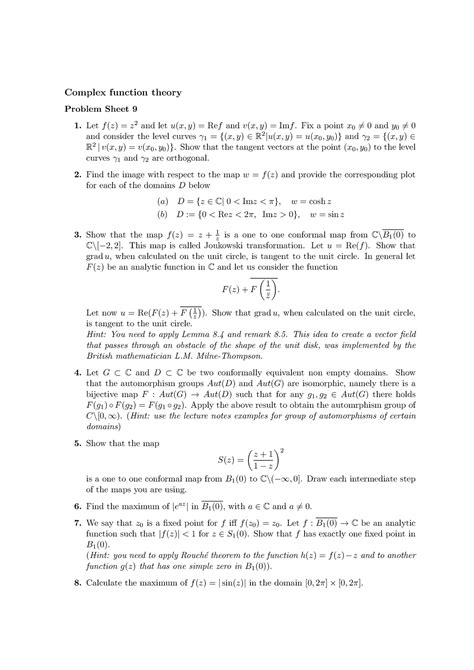 Homework Problem Set 9 Complex Function Theory Problem Sheet 9 Let F
