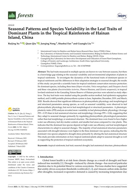 Pdf Seasonal Patterns And Species Variability In The Leaf Traits Of Dominant Plants In The
