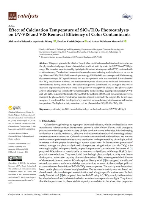 Pdf Effect Of Calcination Temperature Of Sio2tio2 Photocatalysts On Uv Vis And Vis Removal