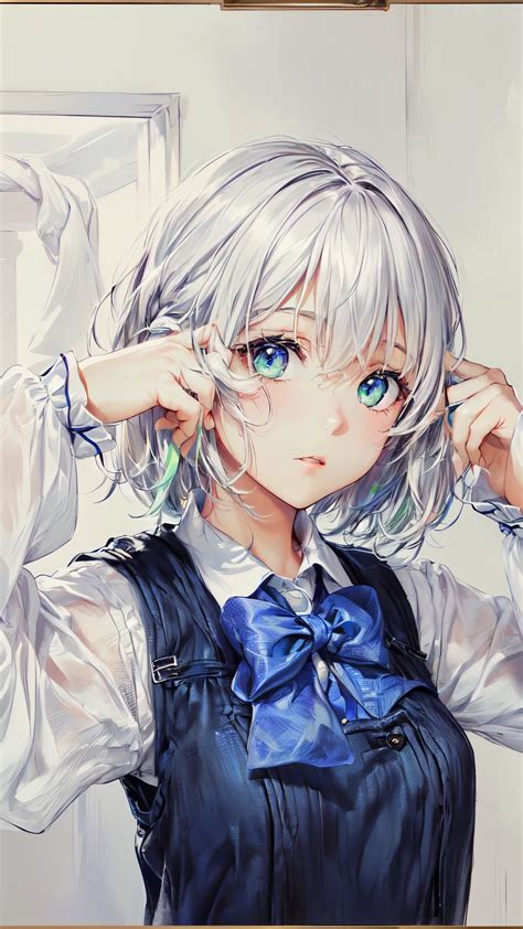 Anime Girl With Blue Eyes And White Hair In A Blue Dress Seaart Ai