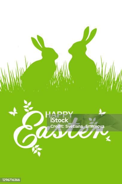 잔디 배경에 녹색 토끼 실루엣 비문 해피 부활절 벡터 일러스트레이션 부활제에 대한 스톡 벡터 아트 및 기타 이미지 부활제 풀 벼과 계절 Istock