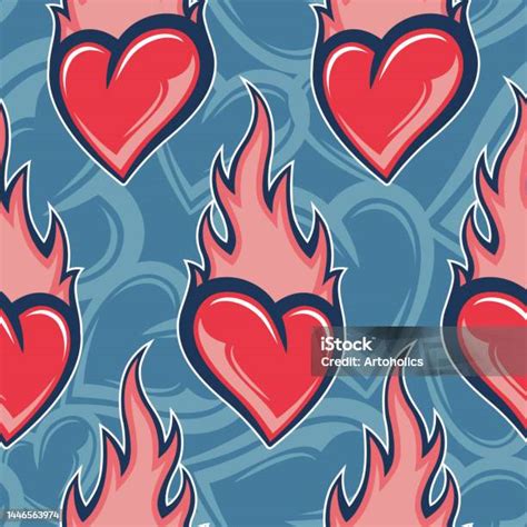 사랑의 마음과 불 불꽃 그래픽 발렌타인 데이 포장지 엽서 섬유 및 벽지 디자인을 위한 사랑 패턴 매끄러운 패턴 벡터 이미지 귀여운에 대한 스톡 벡터 아트 및 기타 이미지