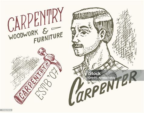 망치와 목공 목수 남자 또는 조인 워크샵 또는 간판에 대한 레이블 설정입니다 빈티지 로고 타이포그래피 또는 티셔츠 배지 손으로 그린 조각 스케치 0명에 대한 스톡 벡터 아트