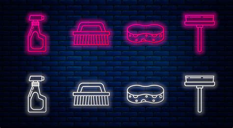 청소를위한 설정 라인 브러시 스폰지 세제 액체와 스퀴지 스크레이퍼 와이퍼와 스프레이 병을 청소 벽돌 벽에 빛나는 네온 아이콘입니다 벡터 가사 집안일에 대한 스톡 벡터 아트