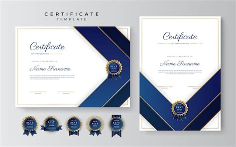 수상 비즈니스 및 교육 요구 사항을 위해 고급 배지와 현대적인 선 패턴이 있는 파란색 및 금색 성취 테두리 템플릿 인증서 프리미엄 벡터