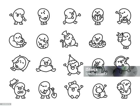 귀여운 유기농 콩 종자 캐릭터 색칠 공부 페이지 재미있는 만화 음식 손으로 그린 스타일입니다 벡터 그리기 디자인 요소 모음