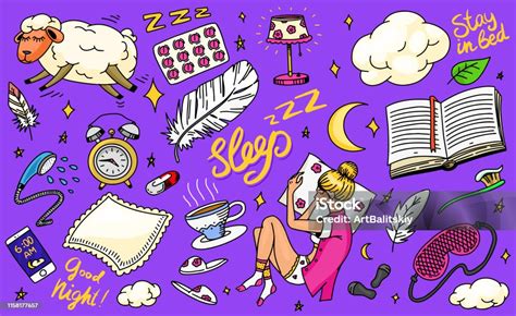 수면 시간 개념입니다 손으로 그린 밤 배경입니다 양 베개 침대에서 꿈에 소녀 구름과 깃털 시계 잠옷 달과 차 낙서 아이콘 표지판의 집합입니다 빈티지 스케치 잠자기에 대한