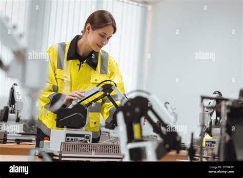 Engineer Women Learning Education In Industrial Robotics Program With