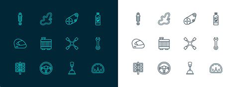 세트 라인 아산화질소 레이싱 스티어링 휠 휠 렌치 기어 시프터 자동차 라디에이터 냉각 시스템 타이밍 벨트 키트 쇼크 업소버 및 트랙 아이콘 벡터 거리에 대한 스톡 벡터 아트