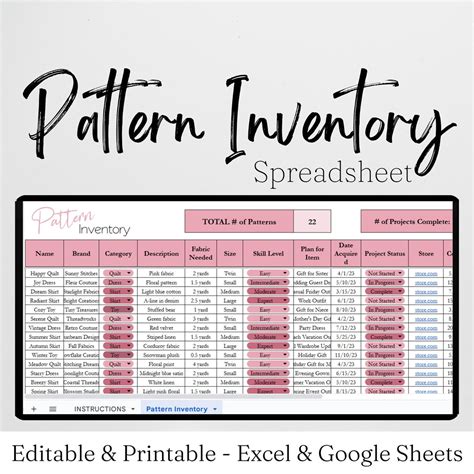 Pattern Inventory Tracker Spreadsheet Template Pattern Organizer Craft