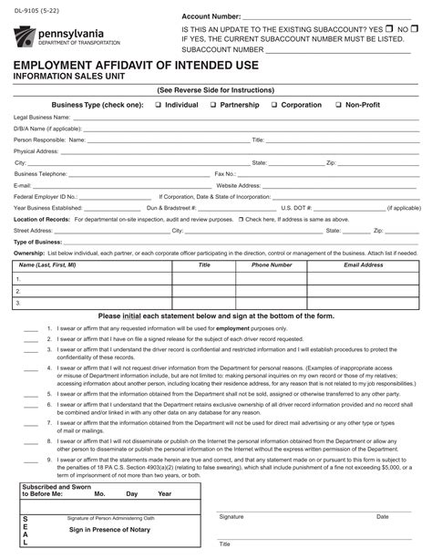 Pa Dot Form Dl 9105 Employment Affidavit Of Intended Use Forms Docs 2023