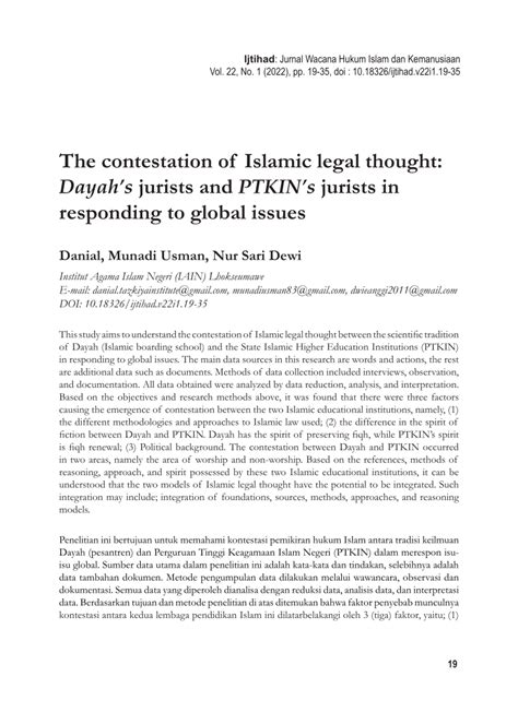 Pdf The Contestation Of Islamic Legal Thought Dayahs Jurists And Ptkins Jurists In