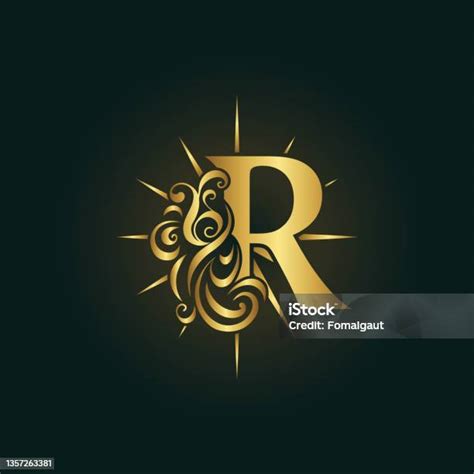 편지 R 빛나는 골든 모노그램 광선과 밝은 별 우아한 캘리그래픽 로고 크리에이티브 아트 디자인 브랜드 이름 명함 부티크 레스토랑 클럽을위한 고급 템플릿 벡터 일러스트레이션