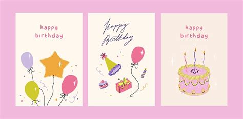 생일 축하 카드 세트입니다 프릴 케이크 헬륨 풍선 파티 모자 선물과 함께 유행 인사말 카드 심플한 스타일의 귀엽고 우아한 벡터 일러스트 레이 션 템플릿 디자인에 대한 스톡