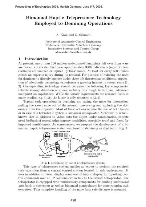Pdf Bimanual Haptic Telepresence Technology Employed To Demining