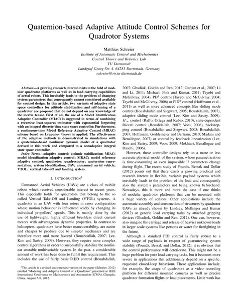 Pdf Quaternion Based Adaptive Attitude Control Schemes For Quadrotor Systems
