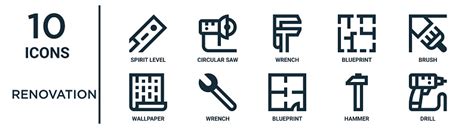 리노베이션 개요 아이콘 세트에는 얇은 라인 정신 레벨 렌치 브러시 렌치 망치 드릴 보고서 프리젠 테이션 다이어그램 웹 디자인을