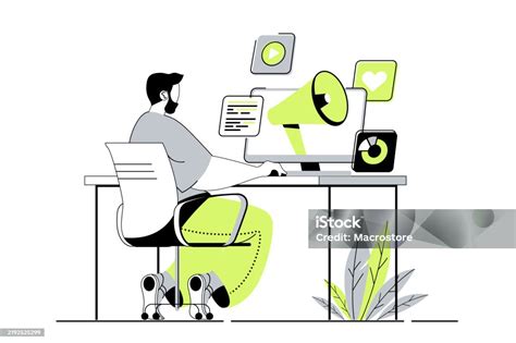 웹 사이트 디자인을위한 평면 만화 사람들과 디지털 마케팅 웹 개념 광고 콘텐츠를 만들고 게시물을 작성하고 프로모션 메시지를 보내고 새로운 고객을 유치하는 남자 벡터 일러스트