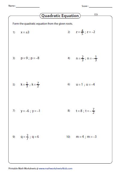 sum and product of the roots worksheets