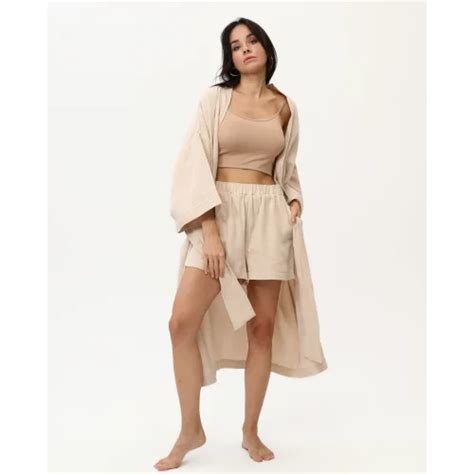 Pinuts Bej Pamuk Uzun Geniş Kalıp Unisex Kimono Şort Takım Hipicon