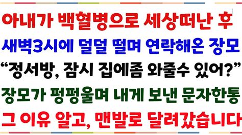 반전신청사연아내가 백혈병투병하다 세상떠나자 새벽3시에 연락 해온 장모 정서방 잠시 와줄수 있겠나 장모가 문자