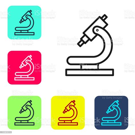 흰색 배경에 격리 된 검은 선 현미경 아이콘입니다 화학 제약 기기 미생물학 확대 도구 색상 정사각형 버튼으로 아이콘을 설정합니다 벡터 일러스트레이션 개념에 대한 스톡 벡터