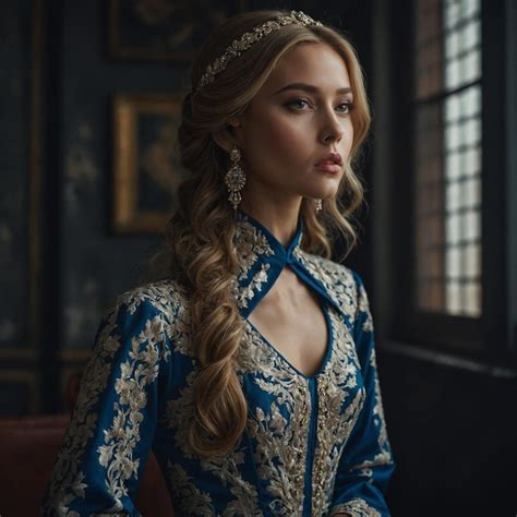 A Woman In A Blue And White Dress Is Wearing A Blue And Gold Headpiece Premium Ai Generated Image