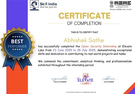 Cybersecurity Internship Skillindia Bestperformer Elevatelabs Msme Vapt Infosec