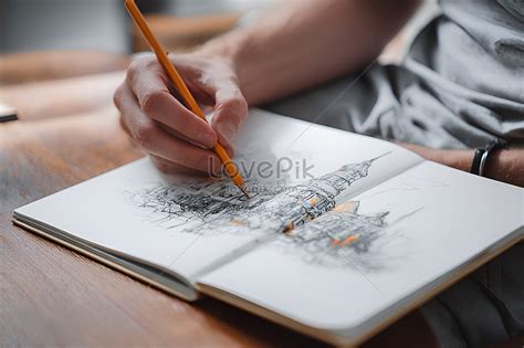 학생들은 연필로 건축 디자인을 그리는 것입니다
