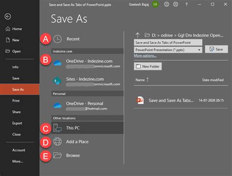 Save And Save As Tabs Of Backstage View In Powerpoint 365 For Windows