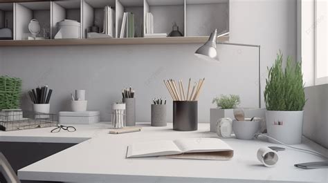 현대적인 홈 오피스 책상 화이트보드 식물과 공급품이 있는 작업 공간의 3d 렌더링 집 꾸미기 방 인테리어 방 장식 배경