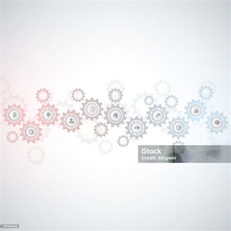 인포그래픽 요소와 플랫 아이콘이 있는 정보 기술 톱니바퀴 및 기어 휠 메커니즘 하이테크 디지털 기술 및 엔지니어링 추상적 인
