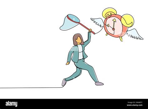 Continuous One Line Drawing Businesswoman Try To Catching Flying Alarm Clock With Butterfly Net