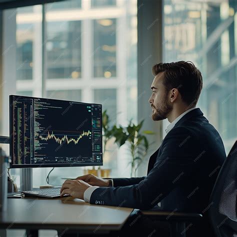 A Man Sits At A Desk With A Computer And A Graph Showing The Financial Graph Premium Ai