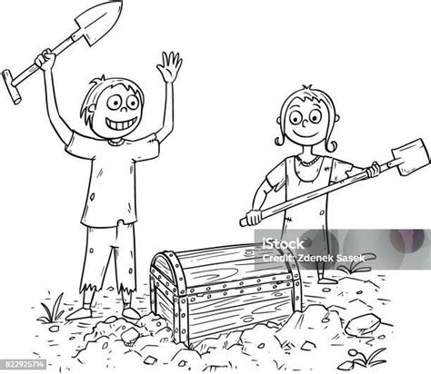 소년 만화 일러스트 레이 션 및 보물 상자를 발견 하는 소녀 금 금속에 대한 스톡 벡터 아트 및 기타 이미지 금 금속 드로잉 만화 Istock