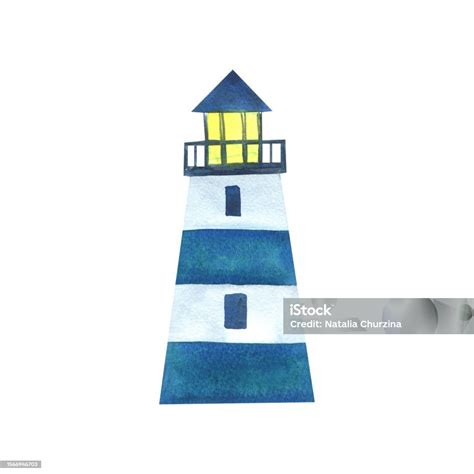 항해 파란색과 노란색의 줄무늬 등대 수채화 그림 손으로 그린 아이들의 스타일로 흰색 배경에 고립된 물체 0명에 대한 스톡 벡터 아트 및 기타 이미지 Istock