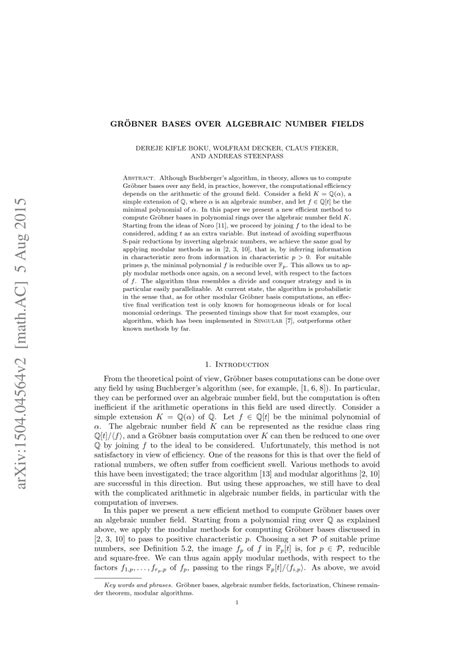 Pdf Grobner Bases Over Algebraic Number Fields