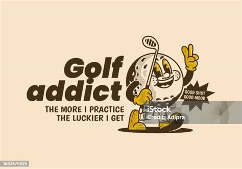 골프 중독자 더 많이 연습할수록 더 운이 좋아집니다 골프 스틱을 들고 있는 골프공의 마스코트 캐릭터 일러스트레이션 골프에 대한