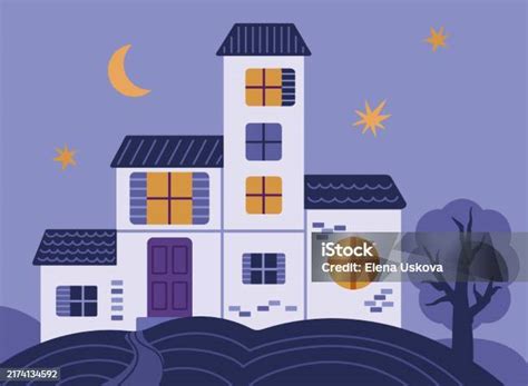 달콤한 집 밤 풍경입니다 엽서 디자인 귀여운 유령의 집 파티 초대장 템플릿 즐거운 할로윈 보내세요 평면 벡터 일러스트 레이 션 가정 생활에 대한 스톡 벡터 아트 및 기타