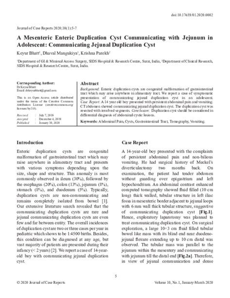 Pdf A Mesenteric Enteric Duplication Cyst Communicating With Jejunum In Adolescent