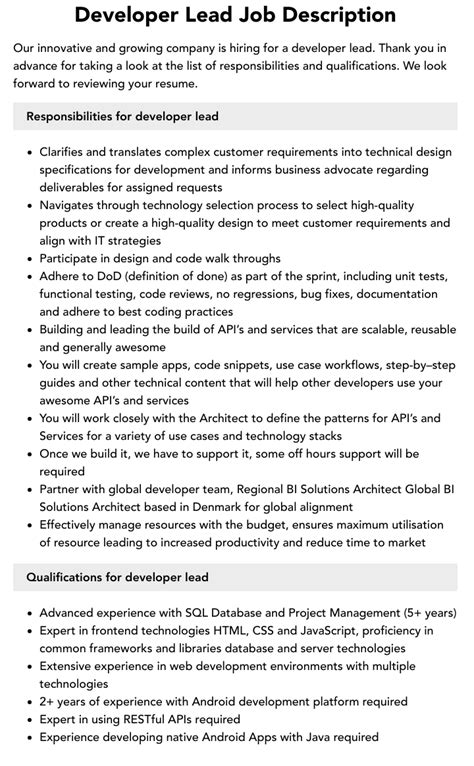 Developer Lead Job Description Velvet Jobs