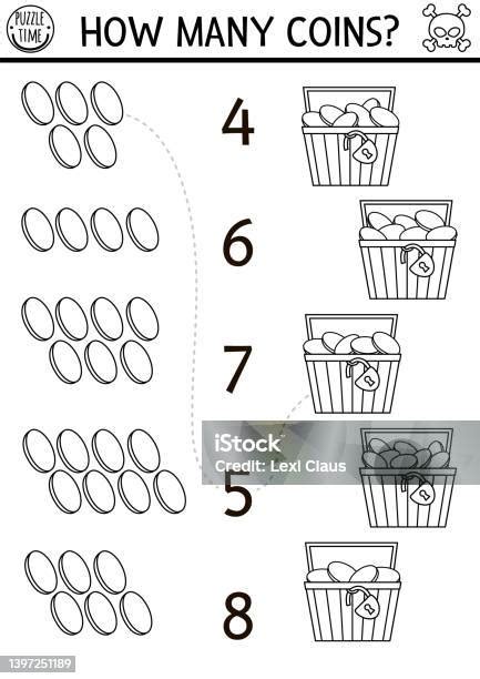 흑백은 보물 상자와 황금 동전으로 숫자 해적 게임을 일치시킵니다 미취학 아동을위한 보물 섬 사냥 수학 활동 워크 시트 또는 색칠 공부 페이지를 세는 바다 모험 컬러링 북