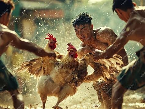 Asian Men Playing With Rooster In The Farm Fighting For Food Premium