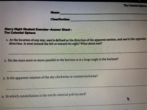 Solved The Celestial Sphere Name Class Section Starry Night Chegg Com