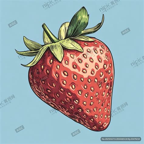 Ai创作图草莓 插画 手绘 果实 水果 绿叶 卡通 图案 蓝背景 图 红果 籽 清新 可爱 植物 昵图网