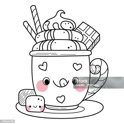 어린이를위한 달콤한 음료 색칠 페이지 가와이 컵 만화 벡터 일러스트레이션 색칠하기에 대한 스톡 벡터 아트 및 기타 이미지